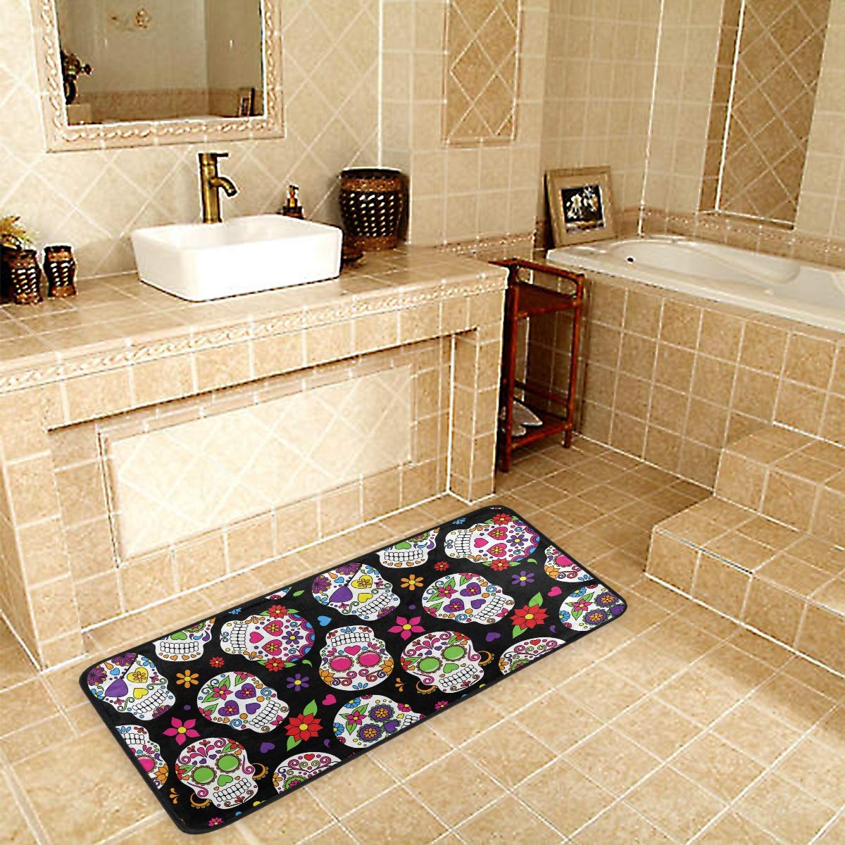 Anti Fatigue Kitchen Floor Mat, 39 x 20 In Sugar Skull Non Slip Absorbent Comfort Modern Standing Mat Soft Kitchen Runner Rug for Hallway Entryway Bathroom Living Room Bedroom Halloween Ghost