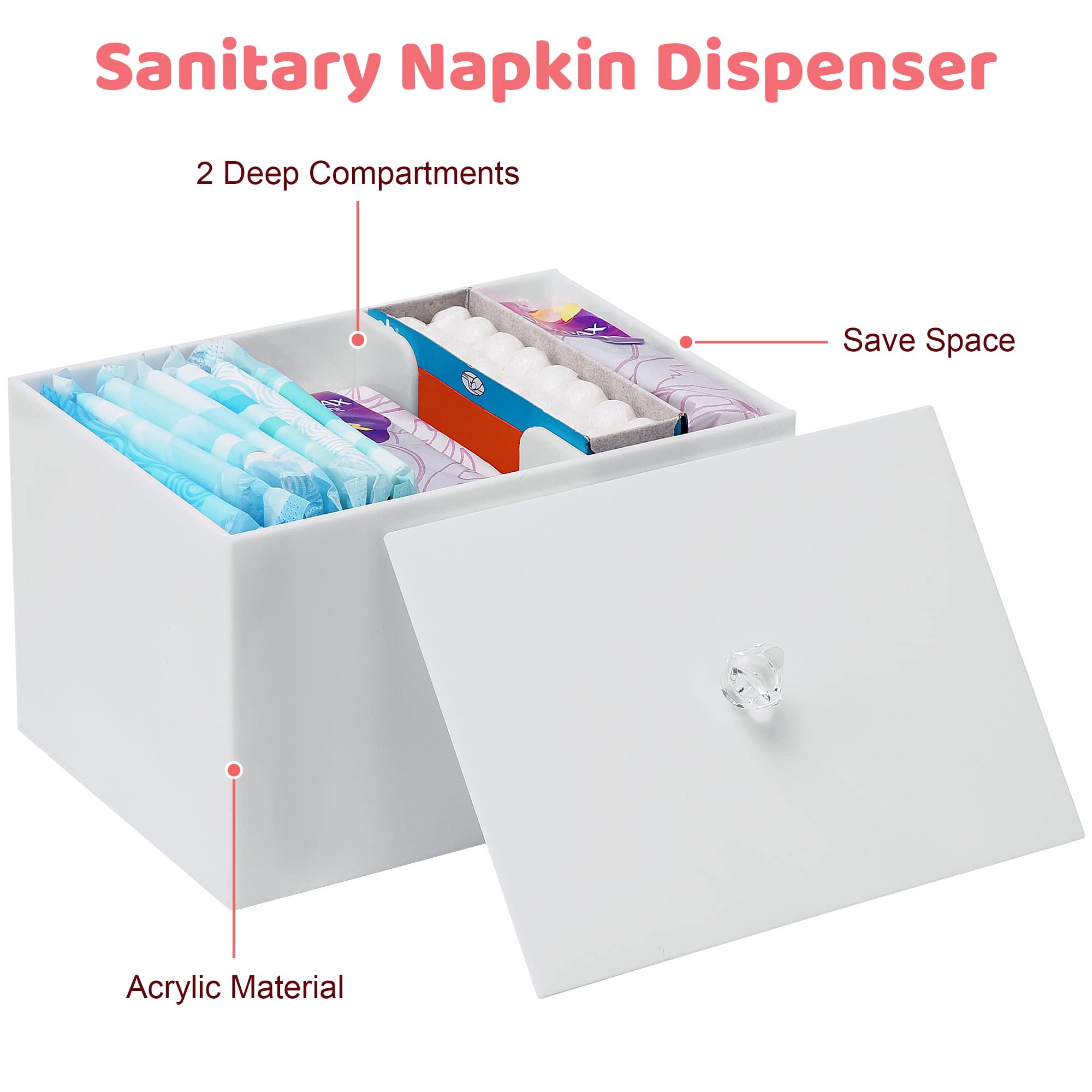 ChengFu Acrylic Sanitary Napkin Storage Container, Pad Holder for Period, Pad Holder for Women Bathroom, Pad and Tampon Holder for Bathroom, Sanitary Napkin Dispenser, White