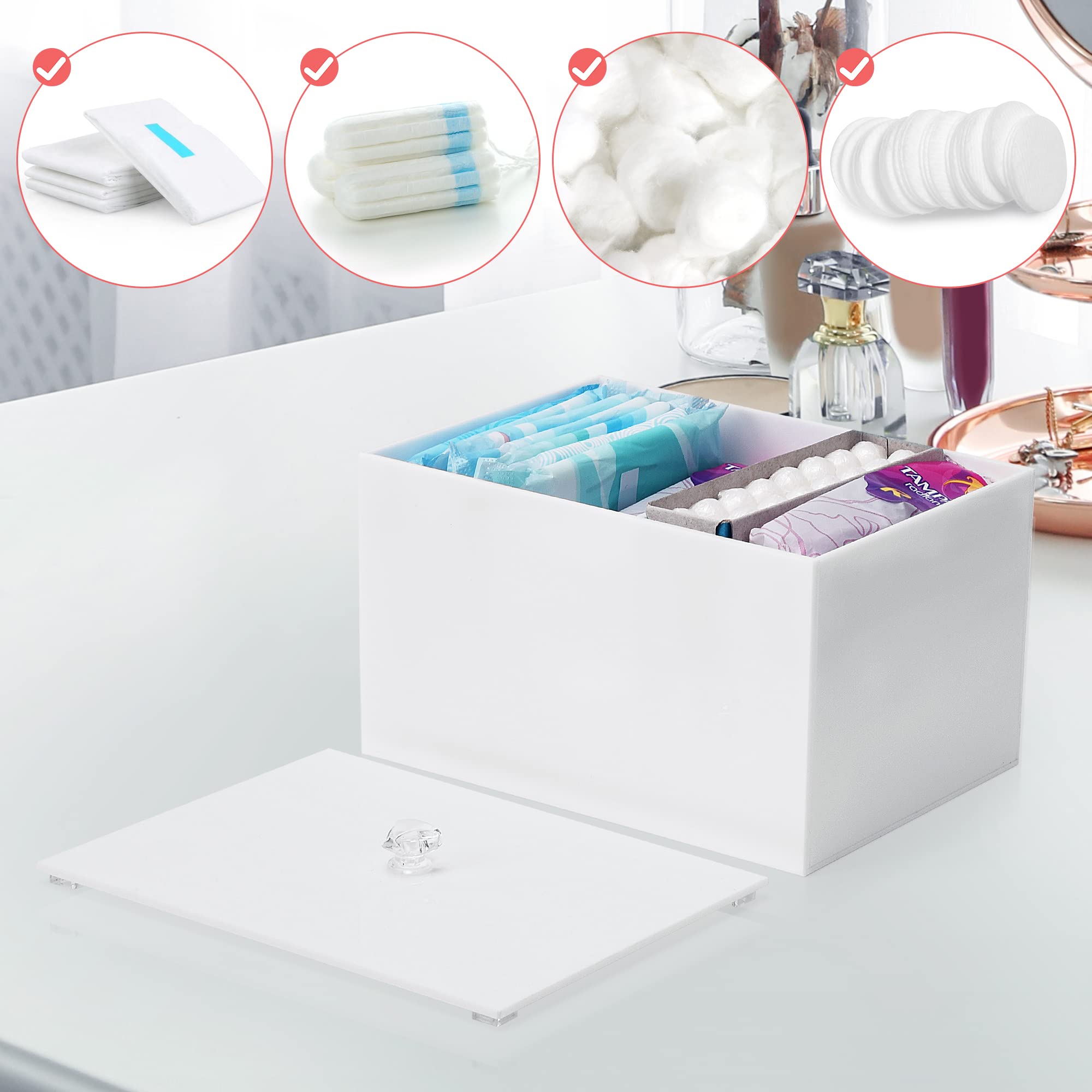 ChengFu Acrylic Sanitary Napkin Storage Container, Pad Holder for Period, Pad Holder for Women Bathroom, Pad and Tampon Holder for Bathroom, Sanitary Napkin Dispenser, White