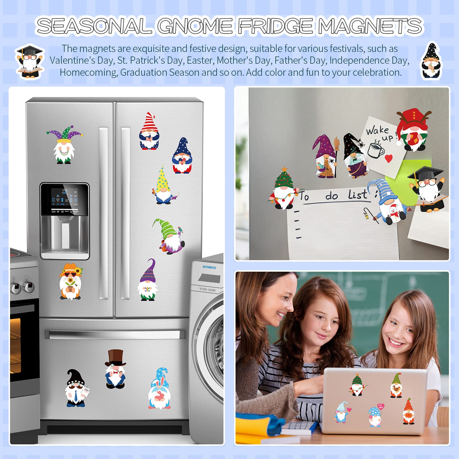 Xuhal 27 Pcs Holiday Magnets Seasonal Gnome Fridge Magnet Easter Patriotic Gnome Locker Decorations Graduation Kitchen Magnets for Refrigerator Magnetic Gnome Stickers for Garage Door Dishwasher Car