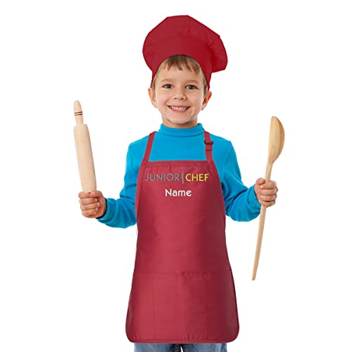 PLACE4PRINT Personalized Junior Chef Kids Set Apron with Hat – Custom Customized Kitchen Apron for Cooking Backing Grill Grilling BBQ - Any Name Design – Great Masterchef Gift