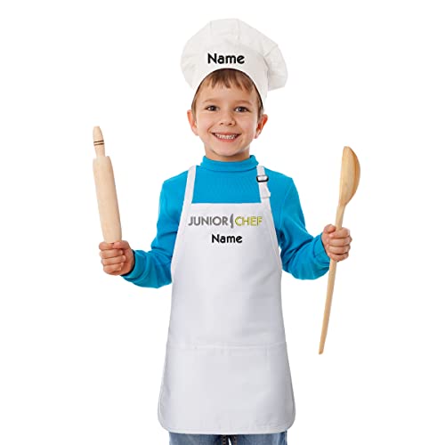 PLACE4PRINT Personalized Junior Chef Kids Set Apron with Hat – Custom Customized Kitchen Apron for Cooking Backing Grill Grilling BBQ - Any Name Design – Great Masterchef Gift