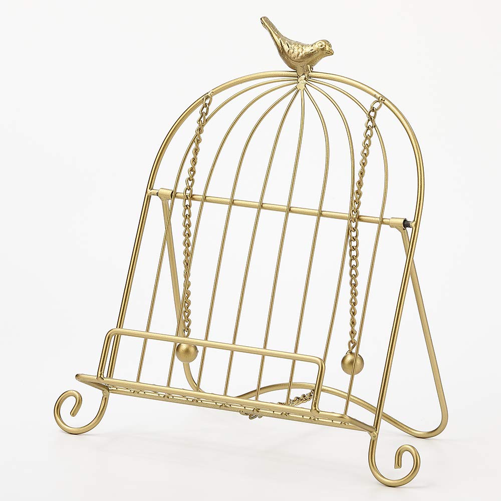 Jemeni Adjustable Cookbook Stand for Kitchen, Metal Birdcage Shaped with 2 Weighted Chains, Gold…