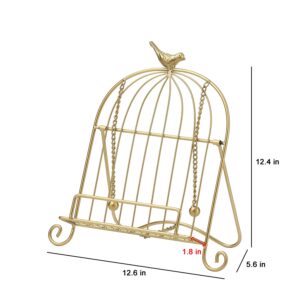 Jemeni Adjustable Cookbook Stand for Kitchen, Metal Birdcage Shaped with 2 Weighted Chains, Gold…