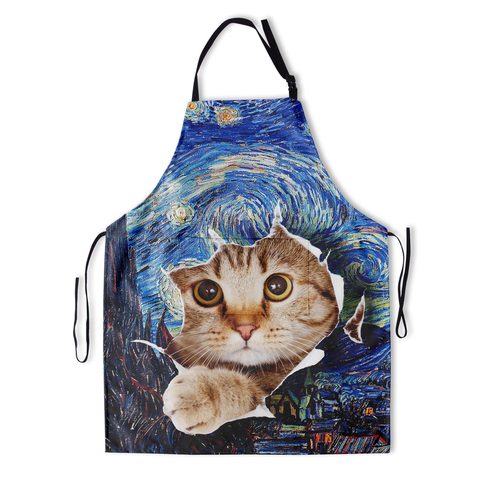 DZGlobal Starry Night Cat Apron Art with Lovely Pet Unisex Kitchen Bib with Adjustable Neck for Cooking Gardening Adult Size, Blue