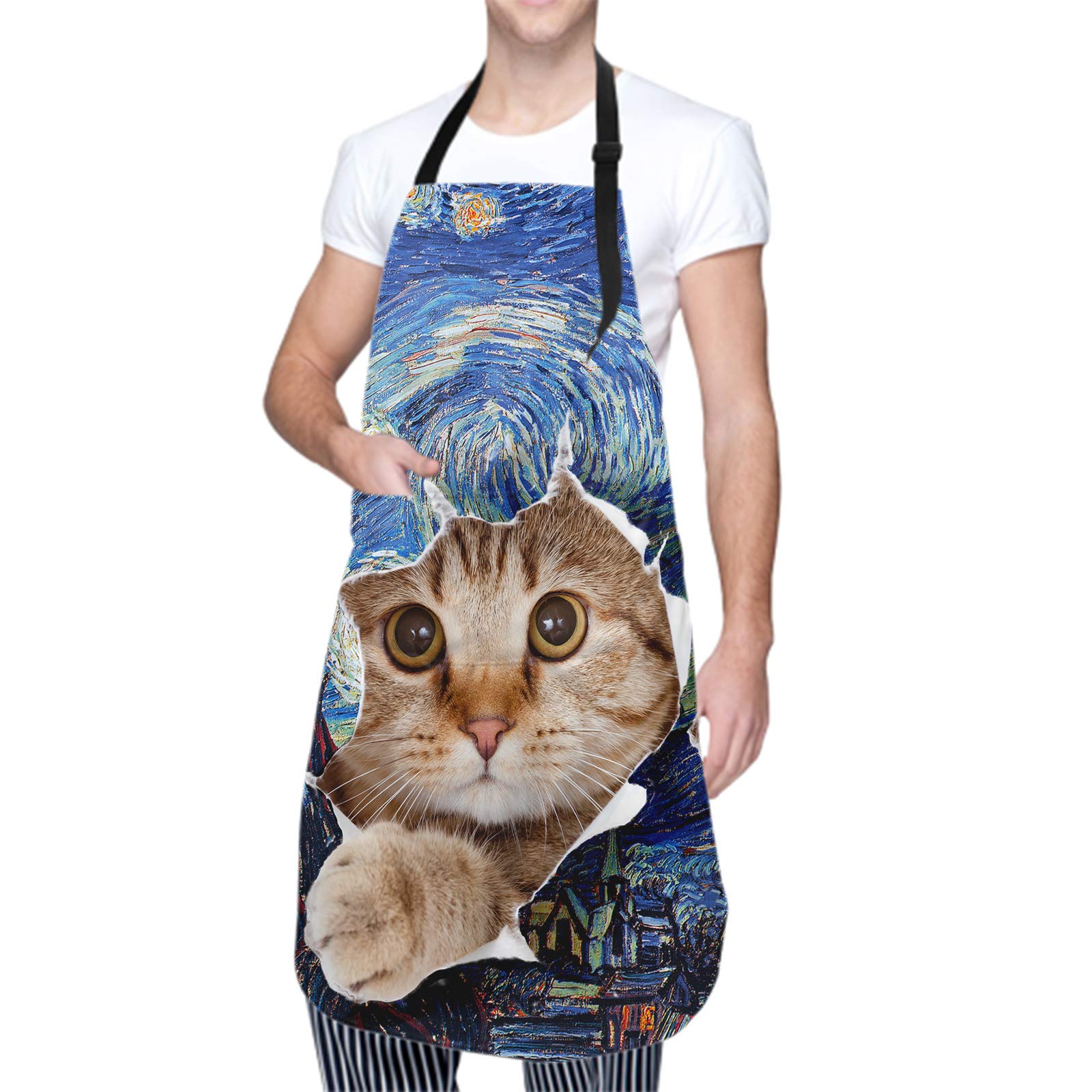 DZGlobal Starry Night Cat Apron Art with Lovely Pet Unisex Kitchen Bib with Adjustable Neck for Cooking Gardening Adult Size, Blue