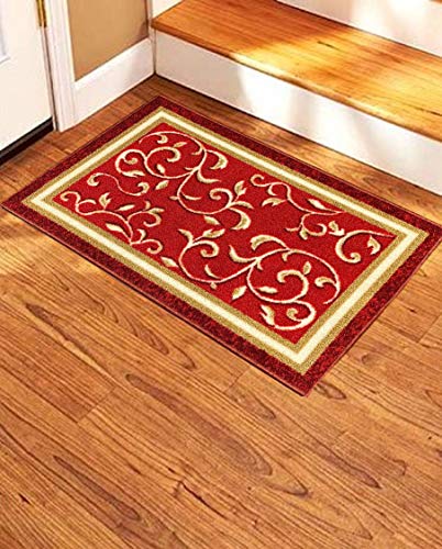 Stair Treads Non-Slip Landing Mat- Skid Resistant Rubber Back Landing Rug - Beautiful Design Landing Mat for Bottom of Stairs - Floormat - Doormat (20" x 30") Floral Red