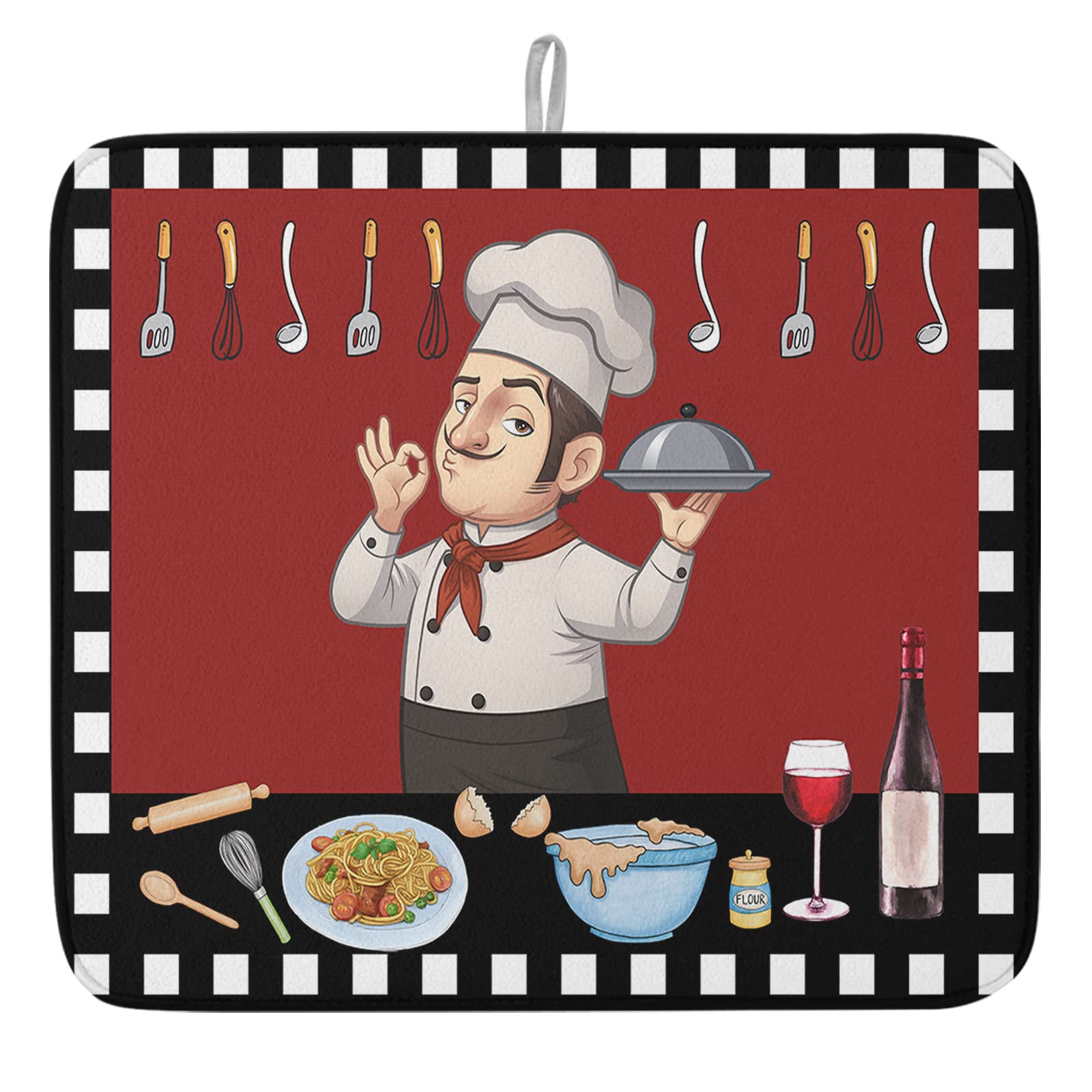 LIFEMUSION Chef Gourmet on Red Backdrop Dish Drying Mat for Kitchen Counter, Black White Checkered Baby Bottle Microfiber Drying Pad, Absorbent Coffee Cup Dishes Drainer Mats 16''x18''