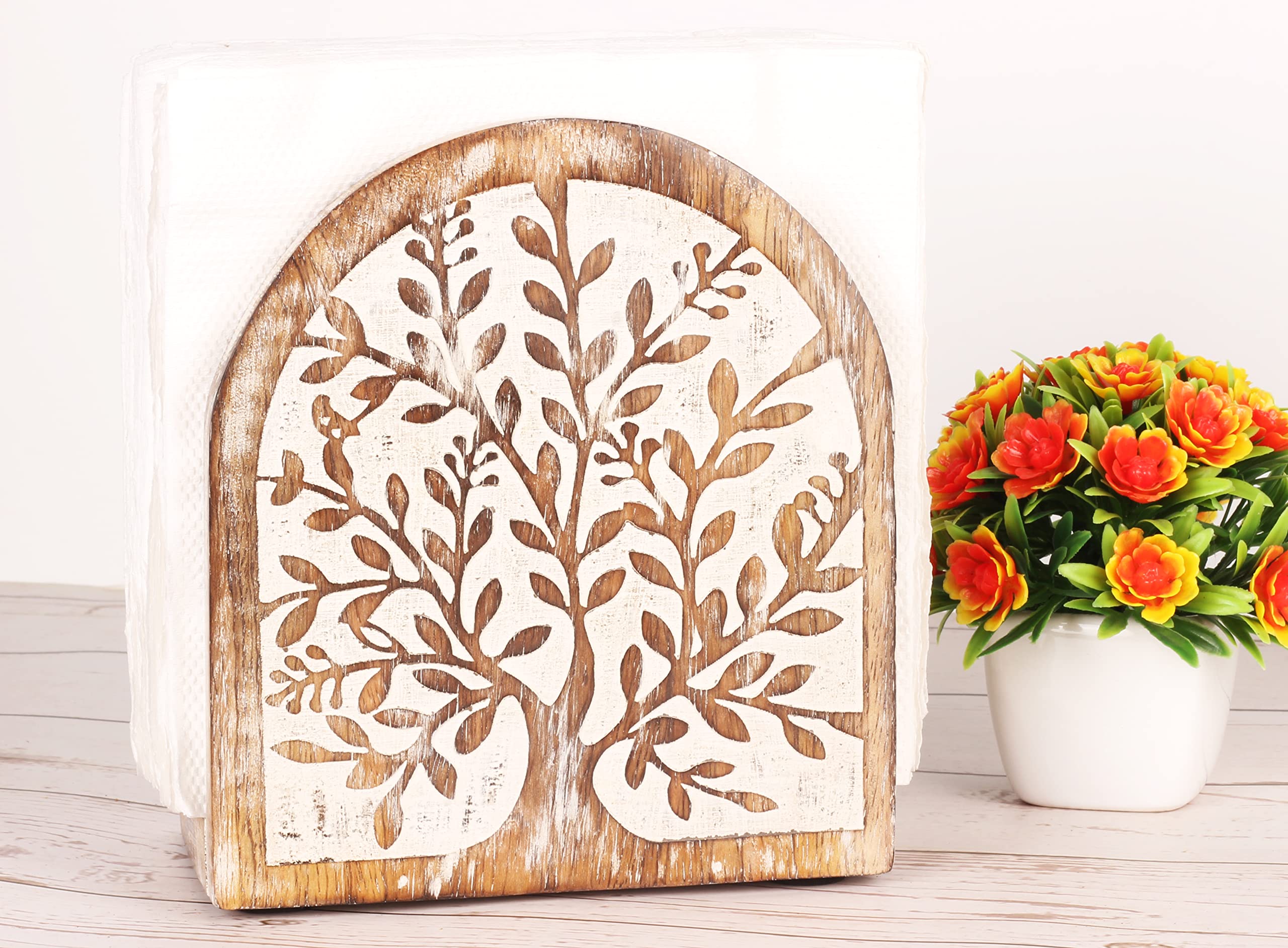 Wooden White Wash Tree of Life Tissue Paper Holder with Full Size Decorative Napkin Stand Tissue Paper Organizer for Home & Kitchen Dining Table Stand