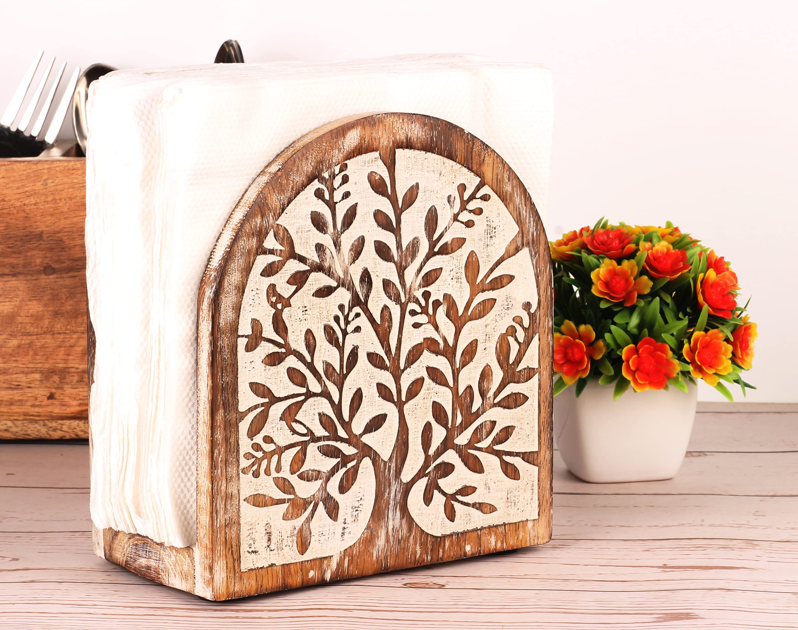 Wooden White Wash Tree of Life Tissue Paper Holder with Full Size Decorative Napkin Stand Tissue Paper Organizer for Home & Kitchen Dining Table Stand