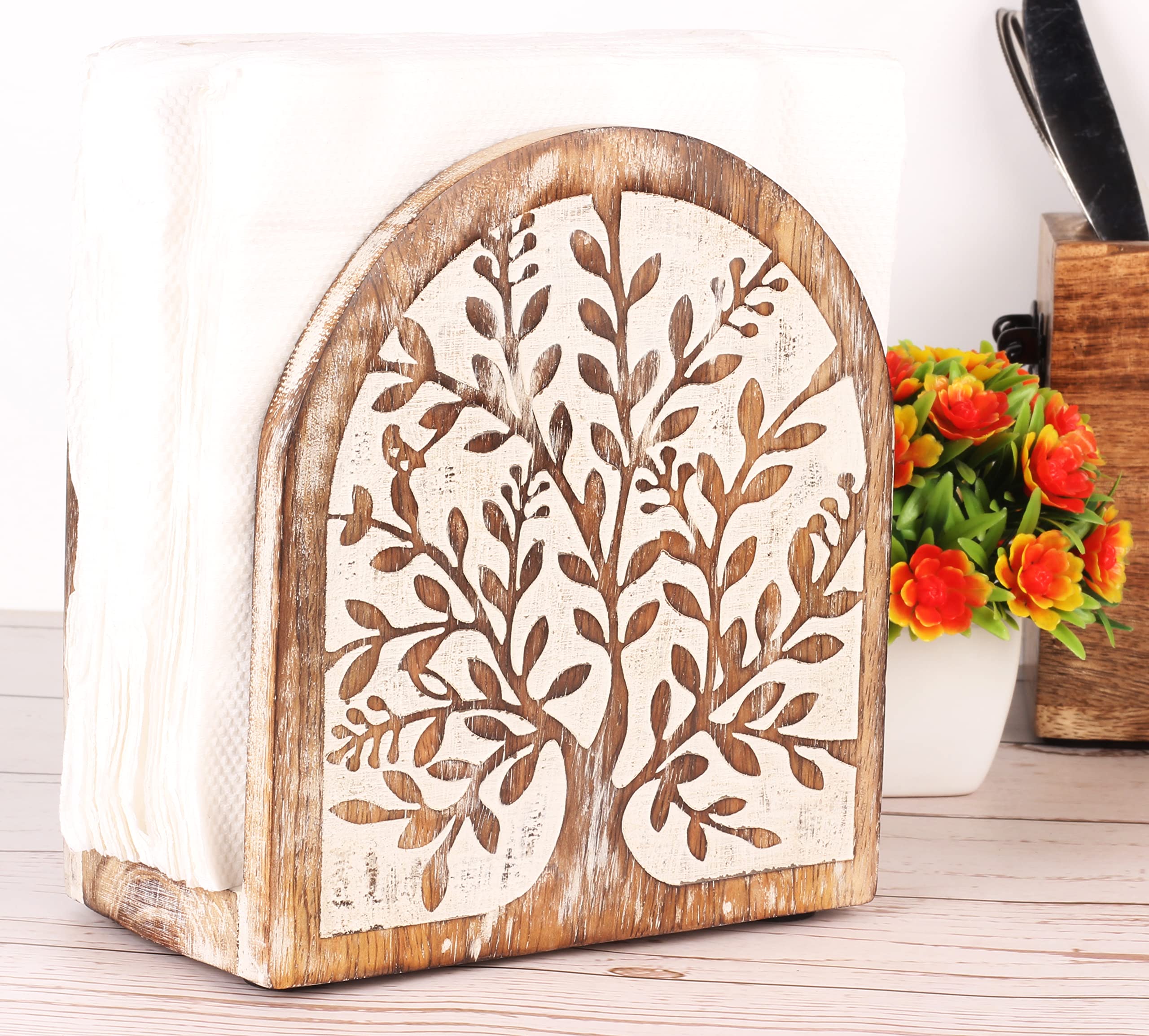 Wooden White Wash Tree of Life Tissue Paper Holder with Full Size Decorative Napkin Stand Tissue Paper Organizer for Home & Kitchen Dining Table Stand