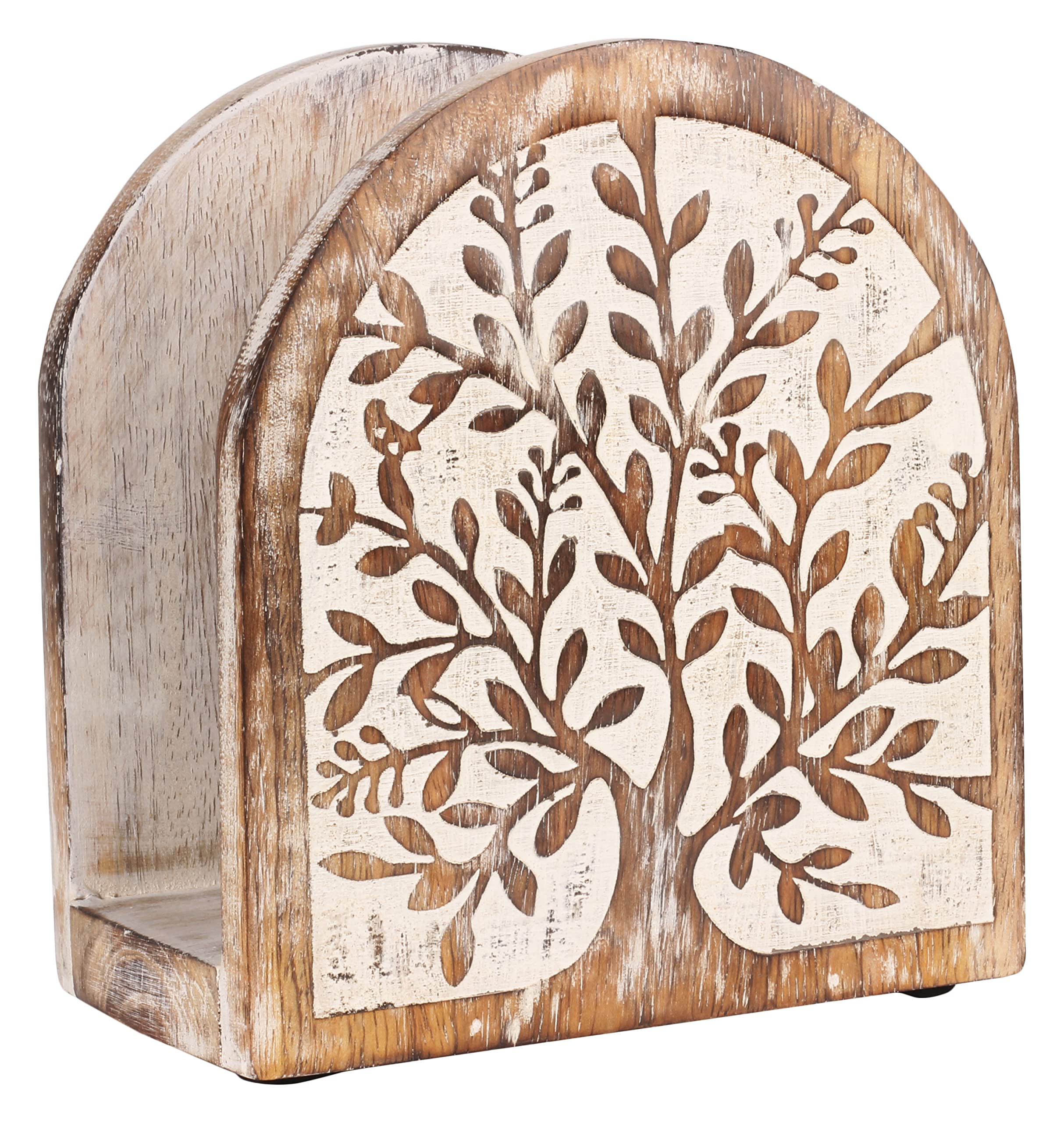 Wooden White Wash Tree of Life Tissue Paper Holder with Full Size Decorative Napkin Stand Tissue Paper Organizer for Home & Kitchen Dining Table Stand