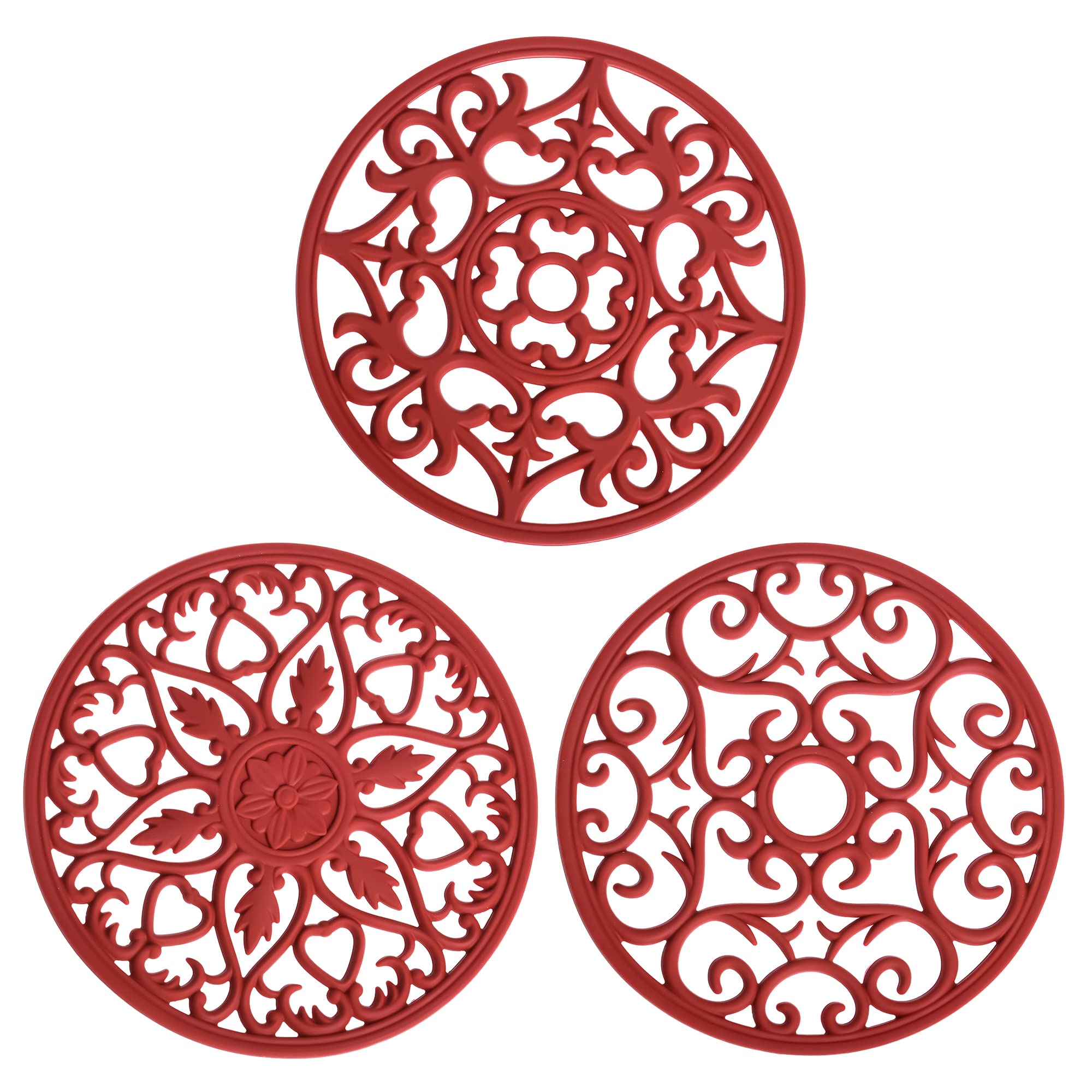 Nstezrne Trivets for Dishes,Silicone Hot Pads for Kitchen, Trivets for Hot Pots and Pans, Intricately Carved Heat Resistant Mats for Tabletop & Countertops, Silicone Trivet Mat Set 3 Burgundy