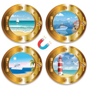 huwena 4 pcs cruise door decorations magnetic porthole door magnets 10 inch set palm tree cruise ships lighthouses summer sea nature scenery fridge decor for carnival cruise refrigerator car