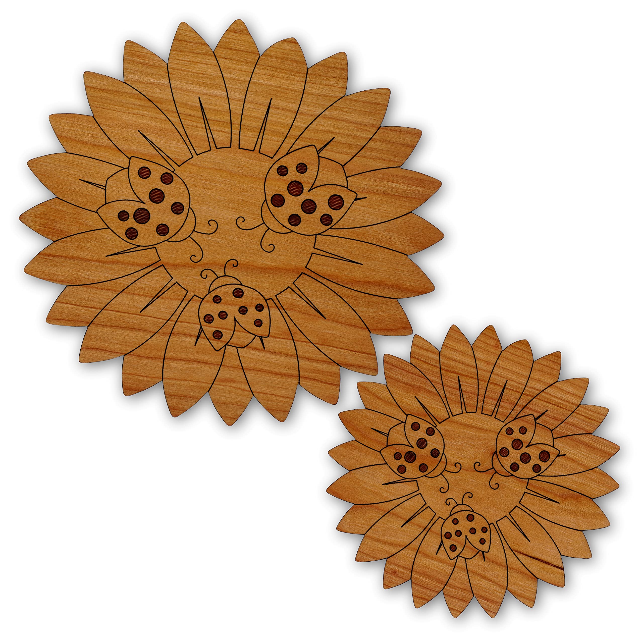 Ladybugs on a Sunflower Trivet - Hand Crafted in The USA From Solid Cherry Hardwood (7.5" Diameters Ladybug Trivet)