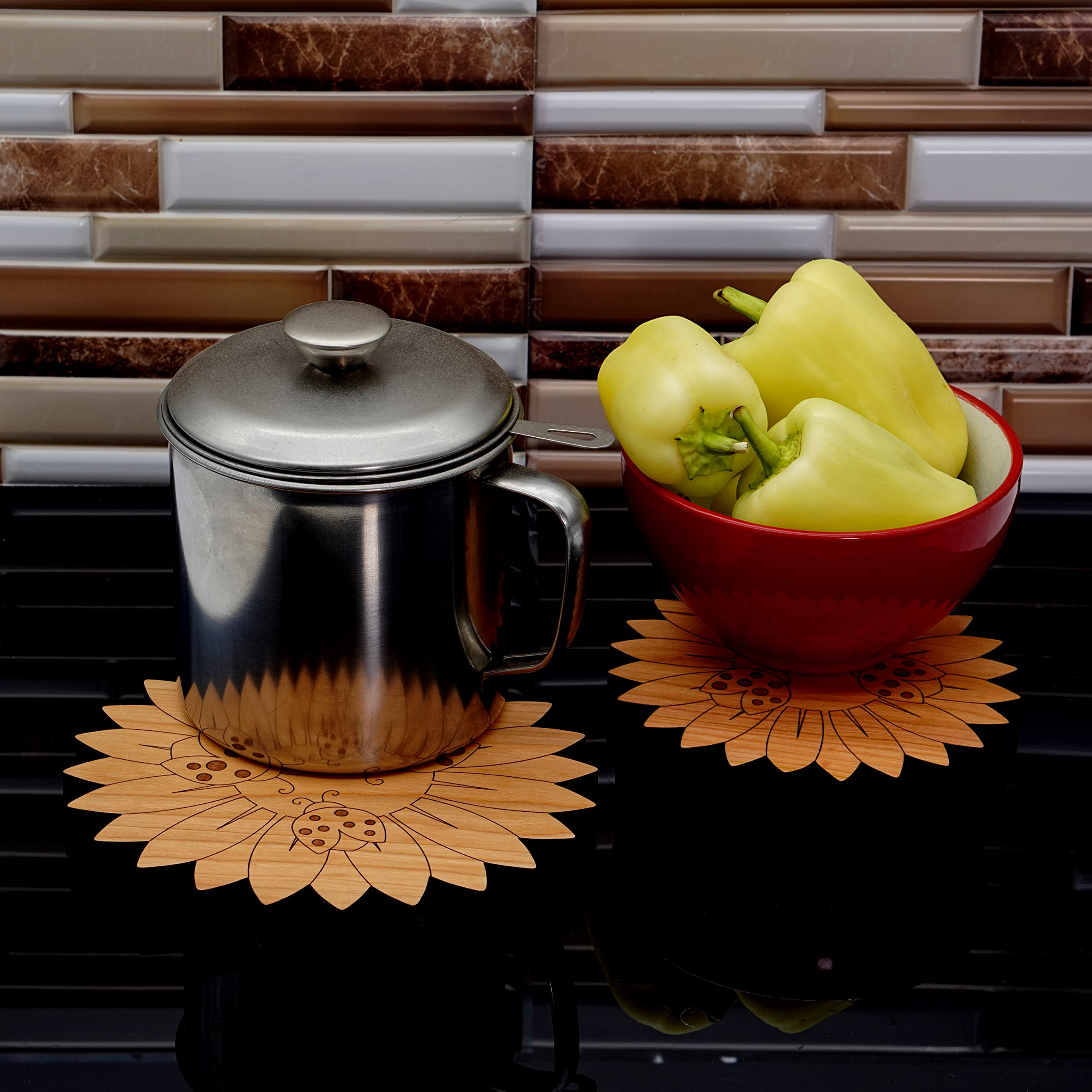 Ladybugs on a Sunflower Trivet - Hand Crafted in The USA From Solid Cherry Hardwood (7.5" Diameters Ladybug Trivet)