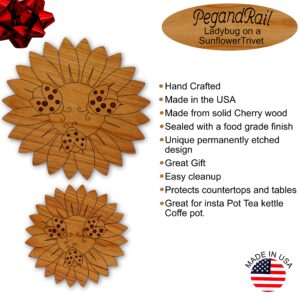 Ladybugs on a Sunflower Trivet - Hand Crafted in The USA From Solid Cherry Hardwood (7.5" Diameters Ladybug Trivet)