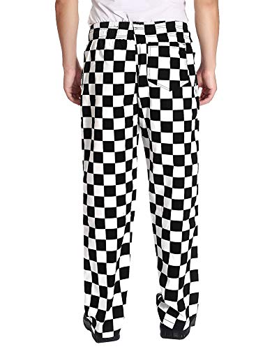 Men’s Black and White Checkerboard Print Chef Pants with Elastic Waist Drawstring Baggy Chef Uniforms BigPlaid M