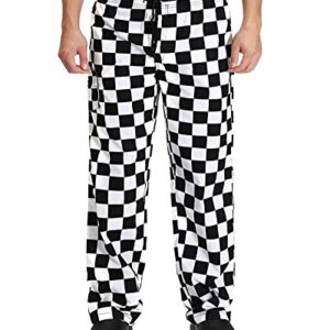 Men’s Black and White Checkerboard Print Chef Pants with Elastic Waist Drawstring Baggy Chef Uniforms BigPlaid M