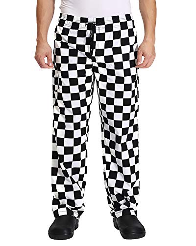 Men’s Black and White Checkerboard Print Chef Pants with Elastic Waist Drawstring Baggy Chef Uniforms BigPlaid M