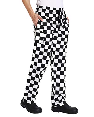 Men’s Black and White Checkerboard Print Chef Pants with Elastic Waist Drawstring Baggy Chef Uniforms BigPlaid M