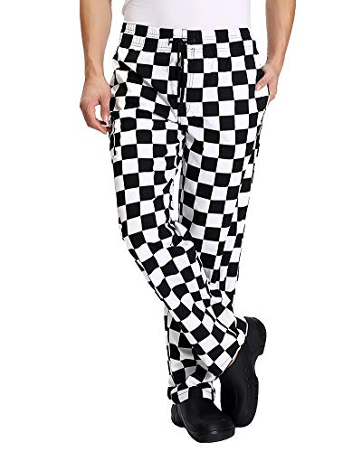 Men’s Black and White Checkerboard Print Chef Pants with Elastic Waist Drawstring Baggy Chef Uniforms BigPlaid M