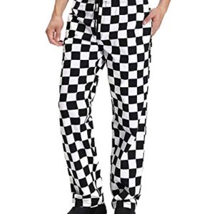 Men’s Black and White Checkerboard Print Chef Pants with Elastic Waist Drawstring Baggy Chef Uniforms BigPlaid M