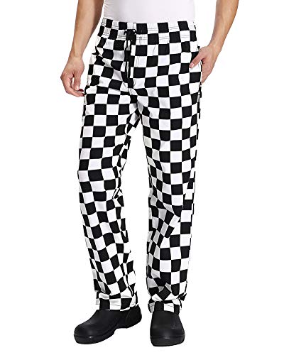 Men’s Black and White Checkerboard Print Chef Pants with Elastic Waist Drawstring Baggy Chef Uniforms BigPlaid M