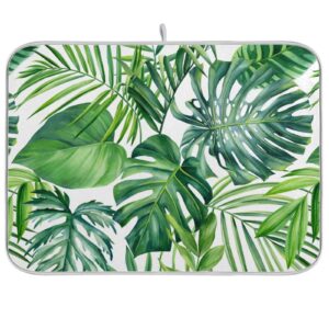 tropical palm leaves dish drying mat for kitchen counter green monstera leaf absorbent microfiber drying pad, medium 16x18 in, reversible drainer mats