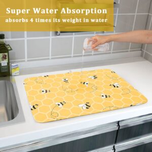 Cute Bees Dish Drying Mats Yellow Bumblebee Beehive Kitchen Pad Funny Honeybee Dish Drainer Rack Pads Absorbent Drying Cushion For Kitchen Counter Indoor 16x18 Inches