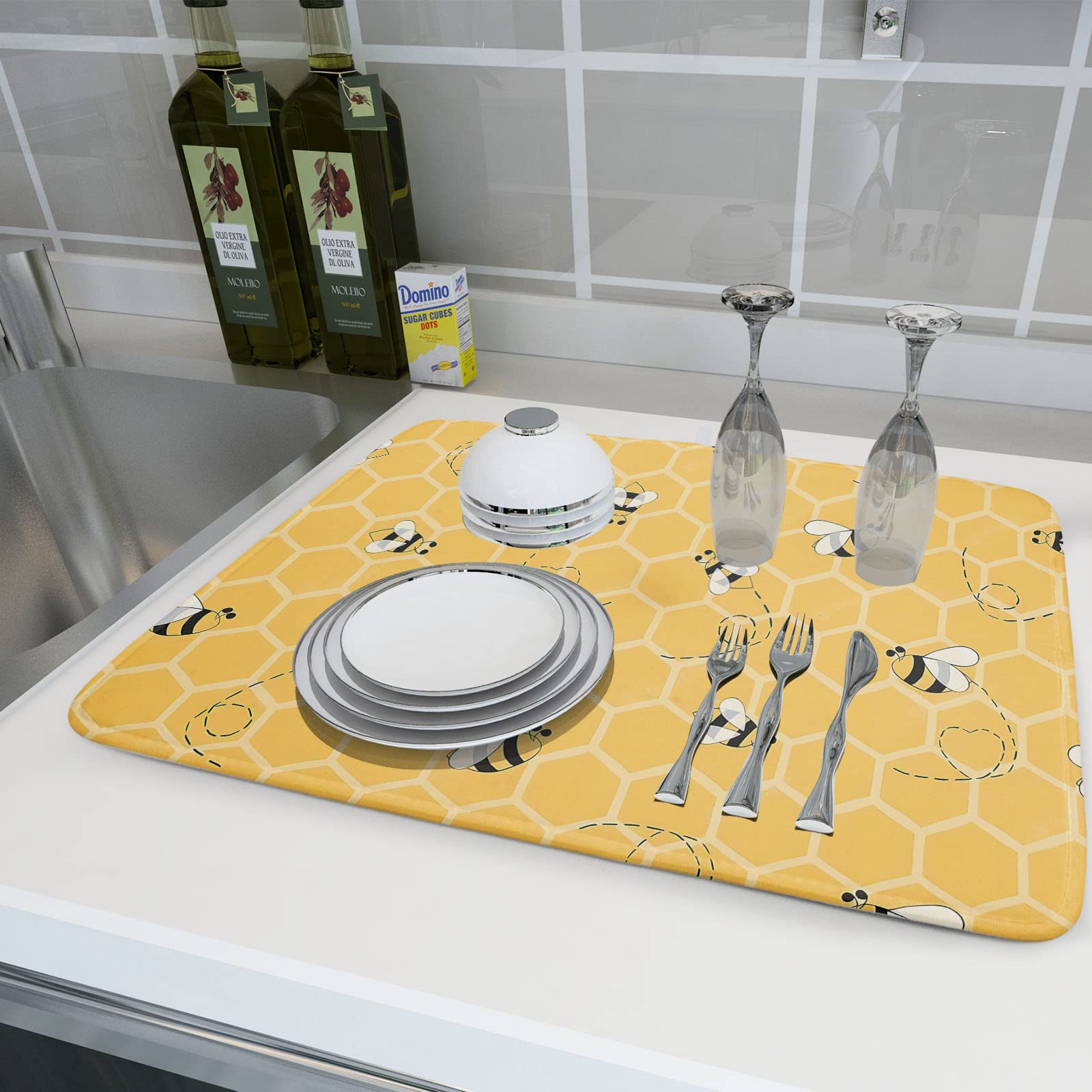 Cute Bees Dish Drying Mats Yellow Bumblebee Beehive Kitchen Pad Funny Honeybee Dish Drainer Rack Pads Absorbent Drying Cushion For Kitchen Counter Indoor 16x18 Inches