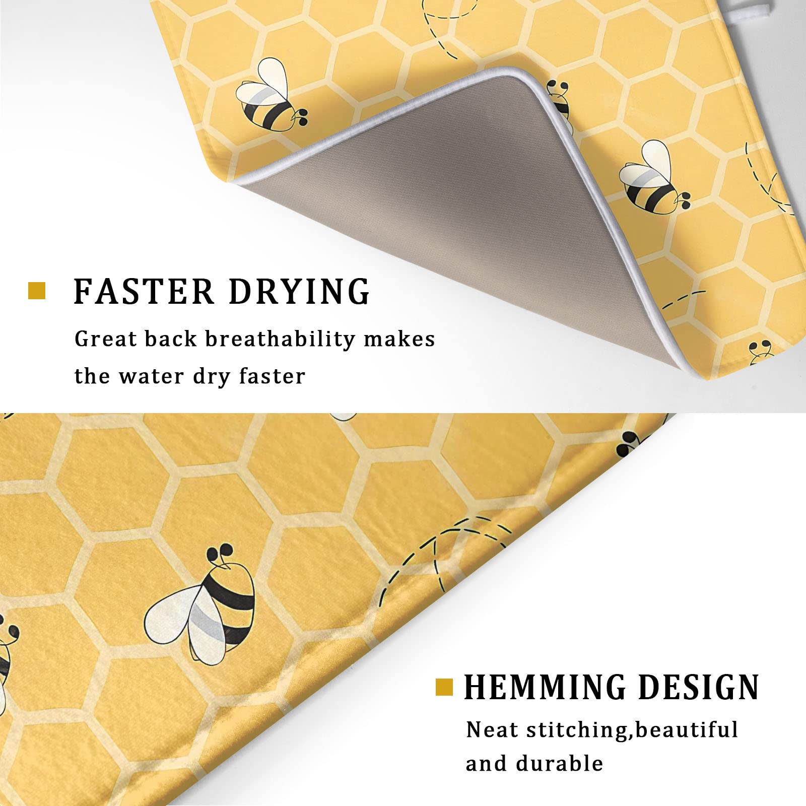 Cute Bees Dish Drying Mats Yellow Bumblebee Beehive Kitchen Pad Funny Honeybee Dish Drainer Rack Pads Absorbent Drying Cushion For Kitchen Counter Indoor 16x18 Inches