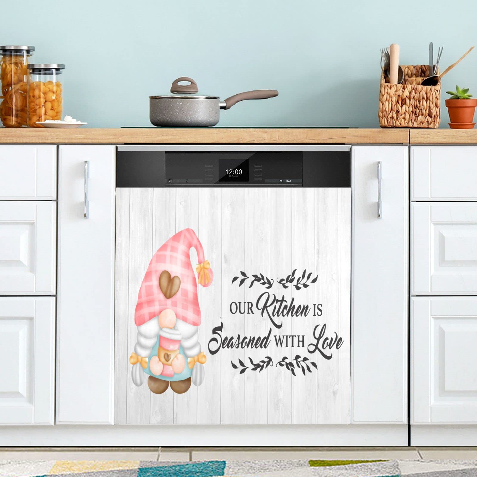 Coffee Gnome Wood Texture Dishwasher Magnet Cover Our Kitchen Seasoned with Love Magnetic Sticker Dish Washer Door Panel Cover Fridge Appliance Magnet Decal Sheet Kitchen Decor 23x26 inch