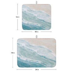 Summer Beach Dish Drying Mat for Kitchen Counter, Aqua Sea Waves Coastal Dish Mat Drying Kitchen Mat, Ocean Nautical Baby Bottle Microfiber Drying Pad, Absorbent Coffee Cup Dishes Drainer Mats 16"x18"