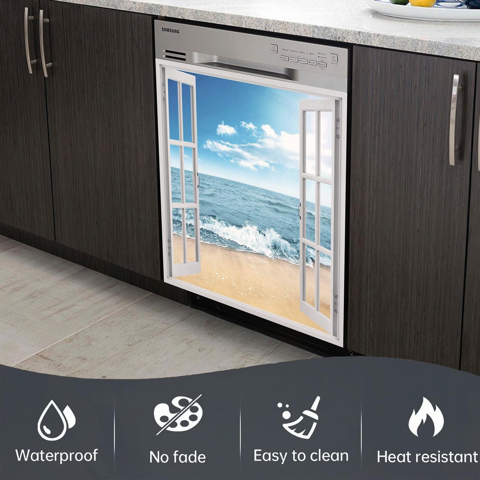 Yoso Sea Landscape Magnetic Dishwasher Cover,Beach Scenery Sticker Kitchen Decor,Sea Waves Magnet Decorative Cover for Front,Nature Scenery Cabinet Oven Fridge Panel Decal