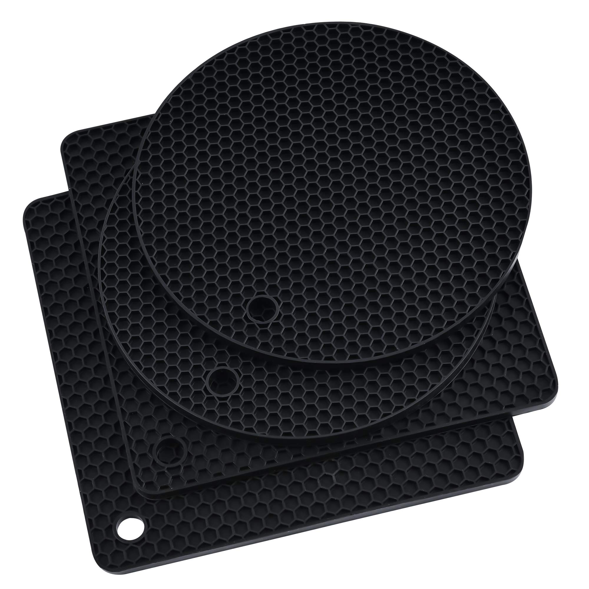 Zoyizi Trivet, Silicone Trivets for Hot Dishes, Black Silicone Potholders Trivet Mat, Non Slip Heat Resistant Mat, Silicone Pot Holder Set, Silicone Hot Pads for Kitchen, 4 Pack Square&Round (Black)