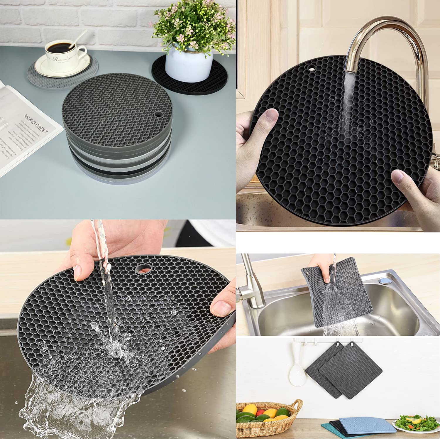 Zoyizi Trivet, Silicone Trivets for Hot Dishes, Black Silicone Potholders Trivet Mat, Non Slip Heat Resistant Mat, Silicone Pot Holder Set, Silicone Hot Pads for Kitchen, 4 Pack Square&Round (Black)