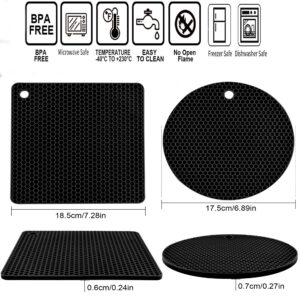 Zoyizi Trivet, Silicone Trivets for Hot Dishes, Black Silicone Potholders Trivet Mat, Non Slip Heat Resistant Mat, Silicone Pot Holder Set, Silicone Hot Pads for Kitchen, 4 Pack Square&Round (Black)