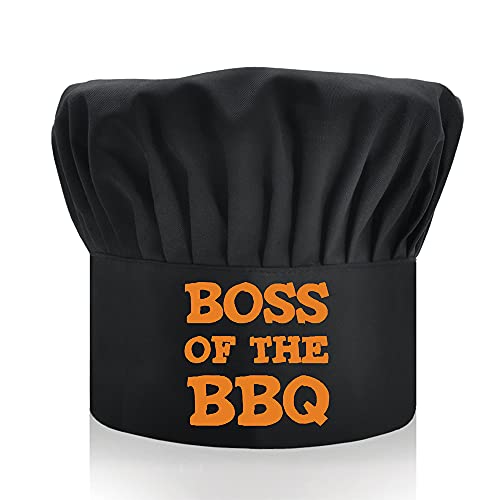 DYJYBMY Boss of The BBQ, Adult Adjustable Kitchen Cooking Hat with Elastic Band Chef Baker Cap Black, Funny BBQ Chef Hat for Men, Woman, Novelty Fathers Day Grilling Gift