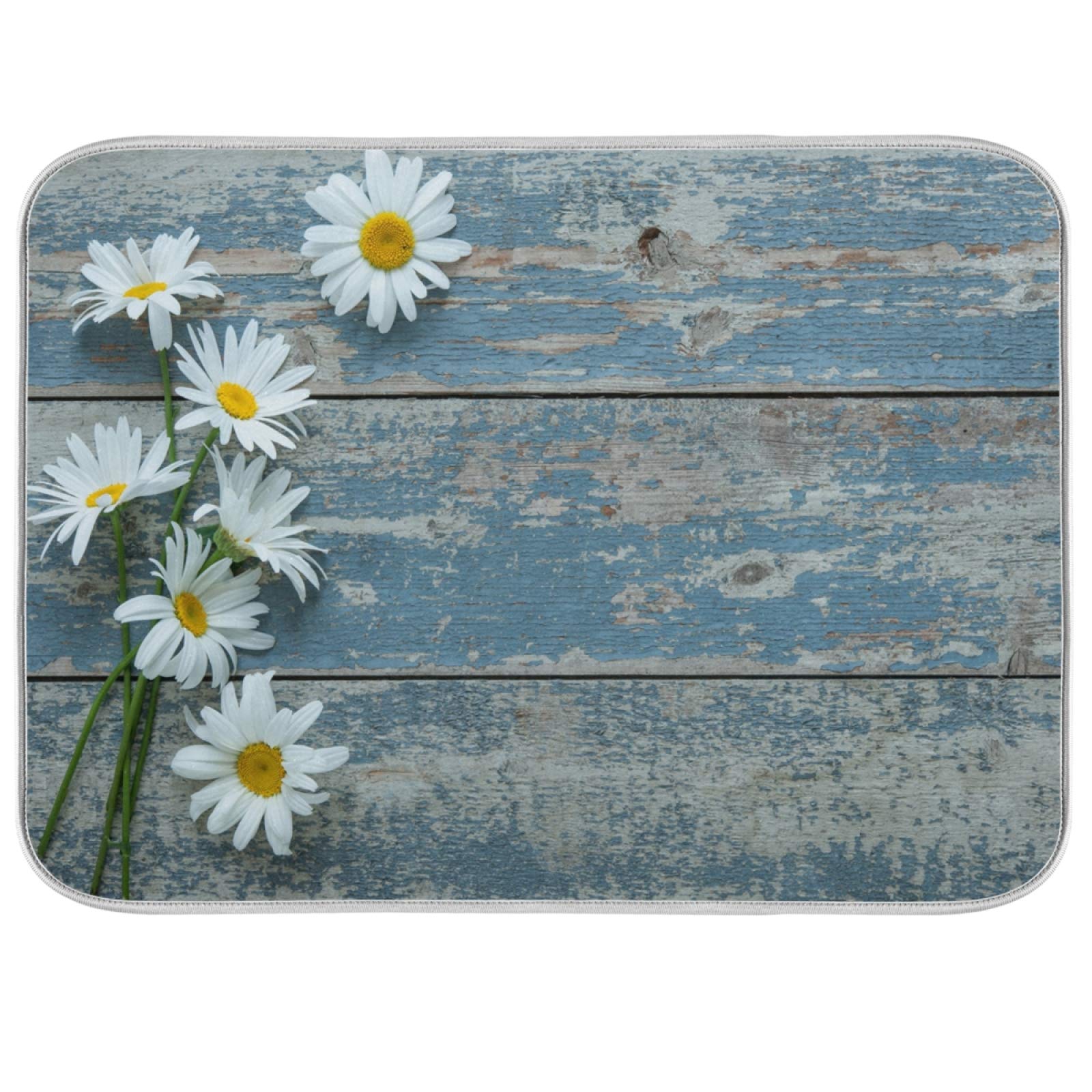 Kcldeci Daisy Wooden Dish Drying Mat,Spring Drying Mat For Kitchen Counter 16 x 18 Dish Drainer Mat Dish Rack Pad Kitchen Counter Mat