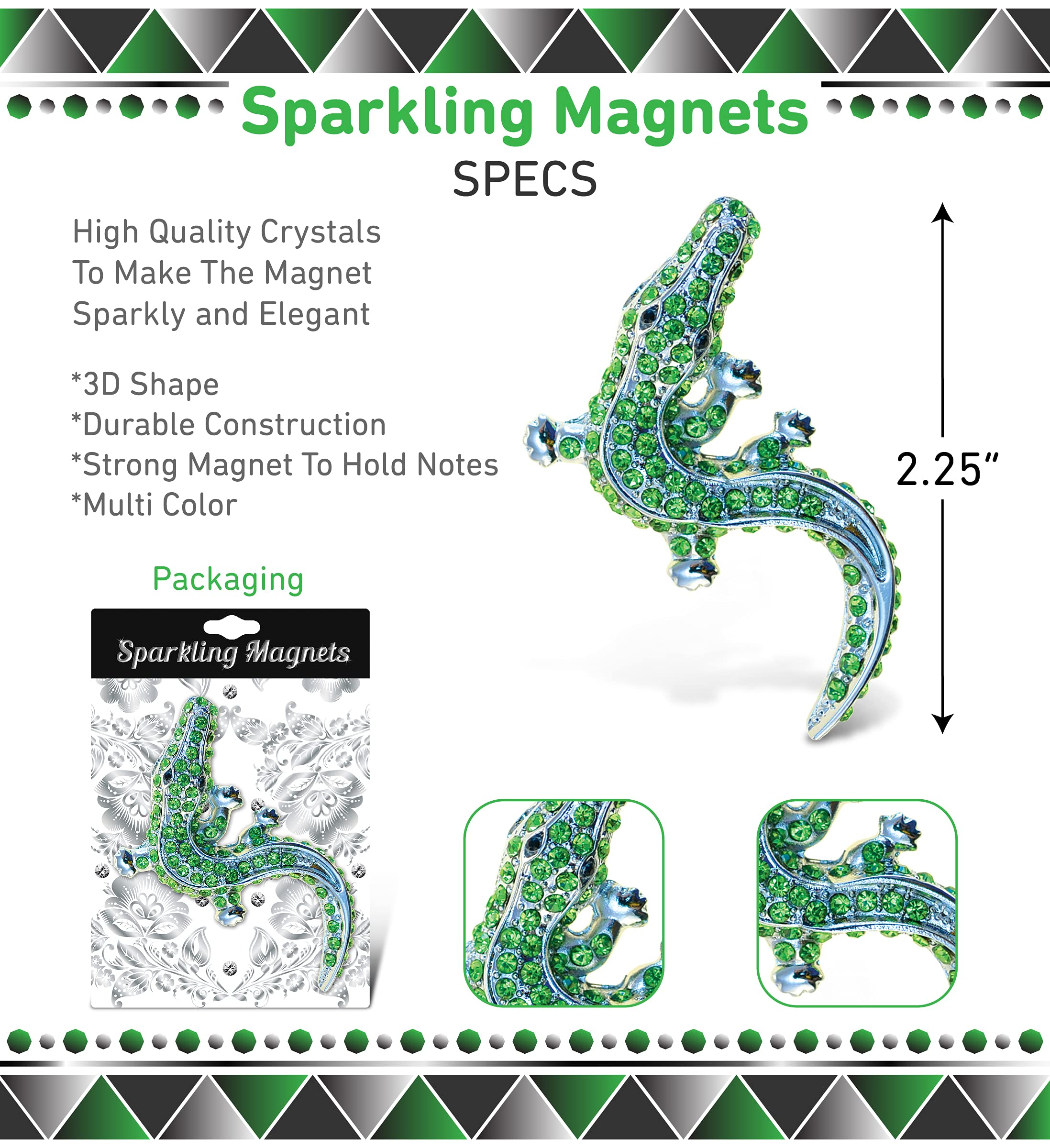 COTA Global Alligator Sparkling Refrigerator Magnet - Green & Silver Sparkling Rhinestones, Reptile Animal Magnet for Kitchen Door Fridge, Cool Home & Office Novelty Decor - 2.25 Inch