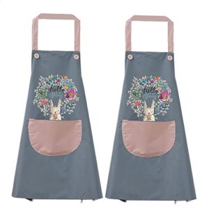 obekann 2 pack kitchen apron for women with pockets, unisex cooking chef apron waterproof, aprons for cooking painting housework best gift for housewarming holidays, easter bunny wreath blue