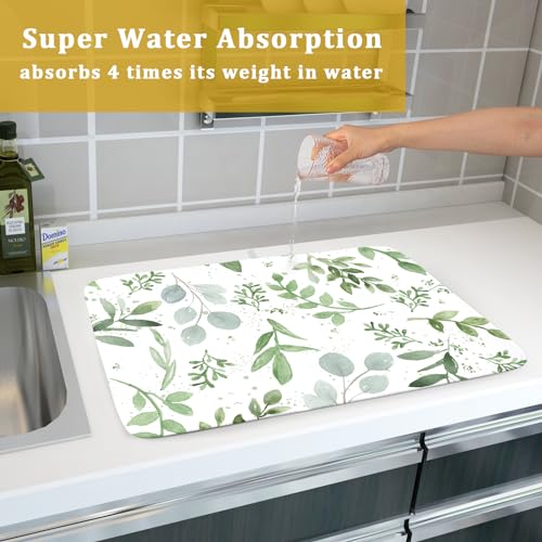 Green Leaves Dish Drying Mat 18x24 inch Microfiber Spring Leaf Dish Drainer Mat with Hanging Loop Absorbent Watercolor Plant Dish Draining Mats Reversible Leaves Drying Pad for Kitchen Counter Sink