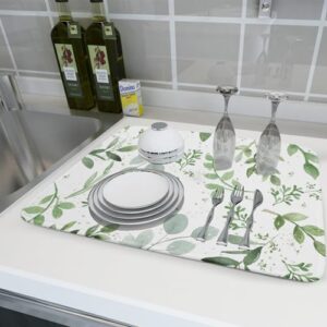 Green Leaves Dish Drying Mat 18x24 inch Microfiber Spring Leaf Dish Drainer Mat with Hanging Loop Absorbent Watercolor Plant Dish Draining Mats Reversible Leaves Drying Pad for Kitchen Counter Sink