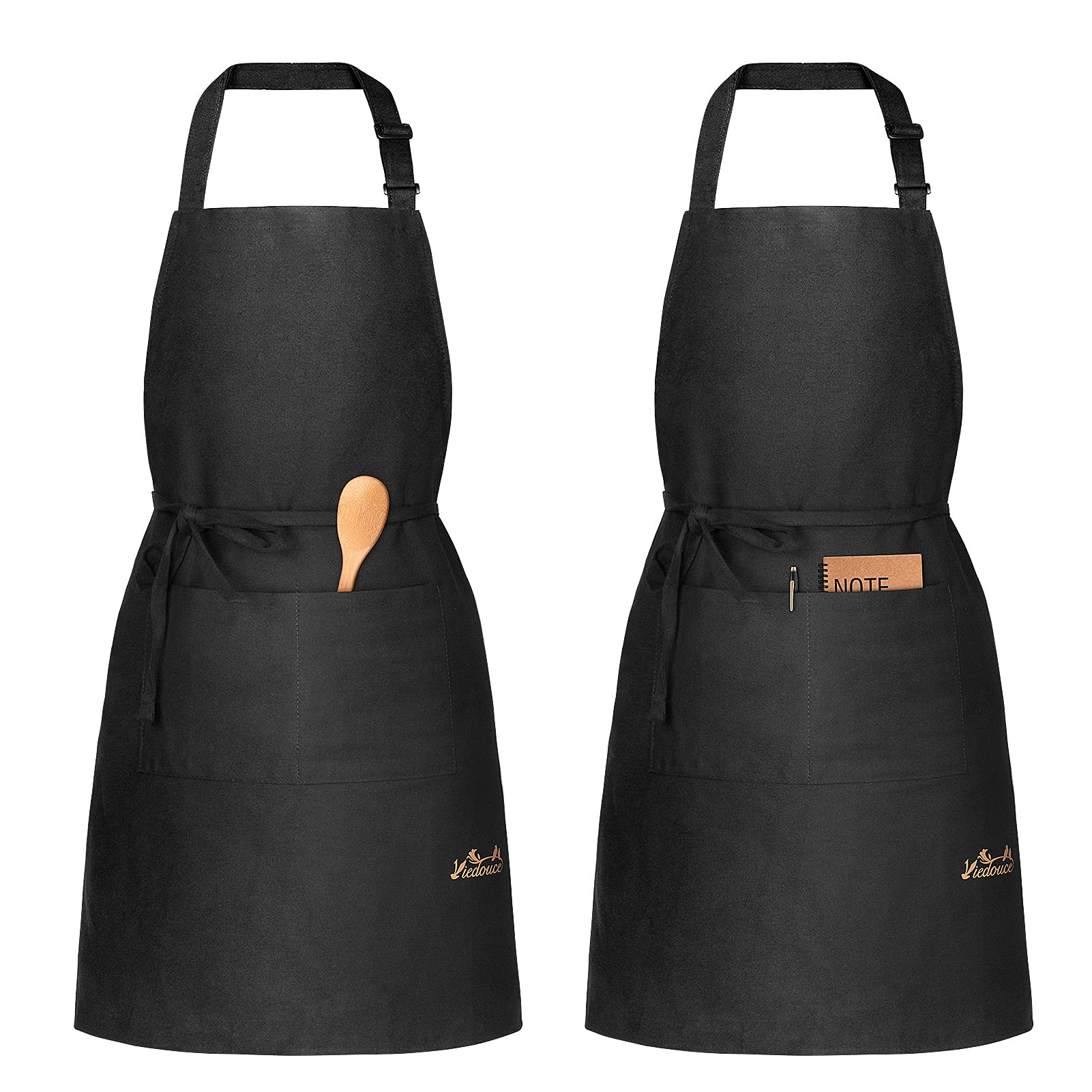 Viedouce 2 Packs Aprons Cotton,Cooking Kitchen Aprons,Adjustable Chef Apron with Pockets for Men Women,Black Aprons for Restaurant Garden Artist Garden BBQ,School,House