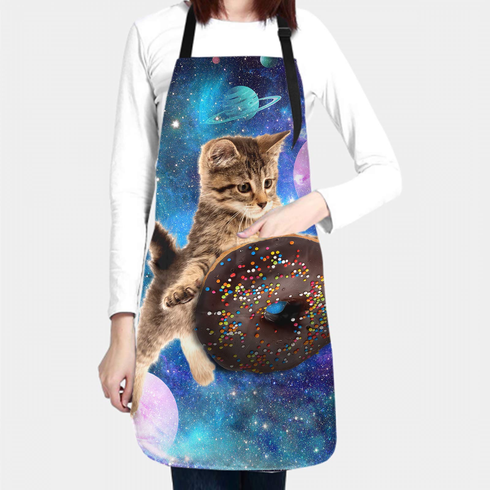 DZGlobal Doughnut Cat Kitchen Apron with 2 Pockets Home Gardening BBQ Grill Chef Cooking Aprons for Women Men Gifts Cute Kitten