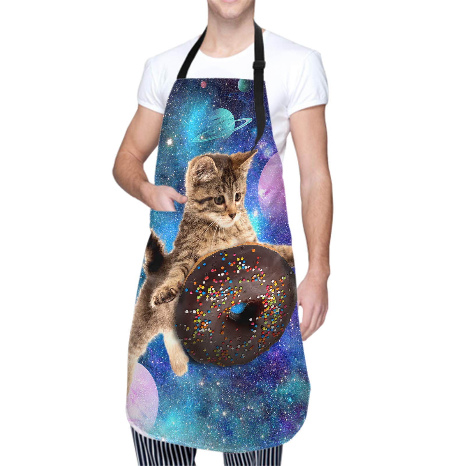 DZGlobal Doughnut Cat Kitchen Apron with 2 Pockets Home Gardening BBQ Grill Chef Cooking Aprons for Women Men Gifts Cute Kitten