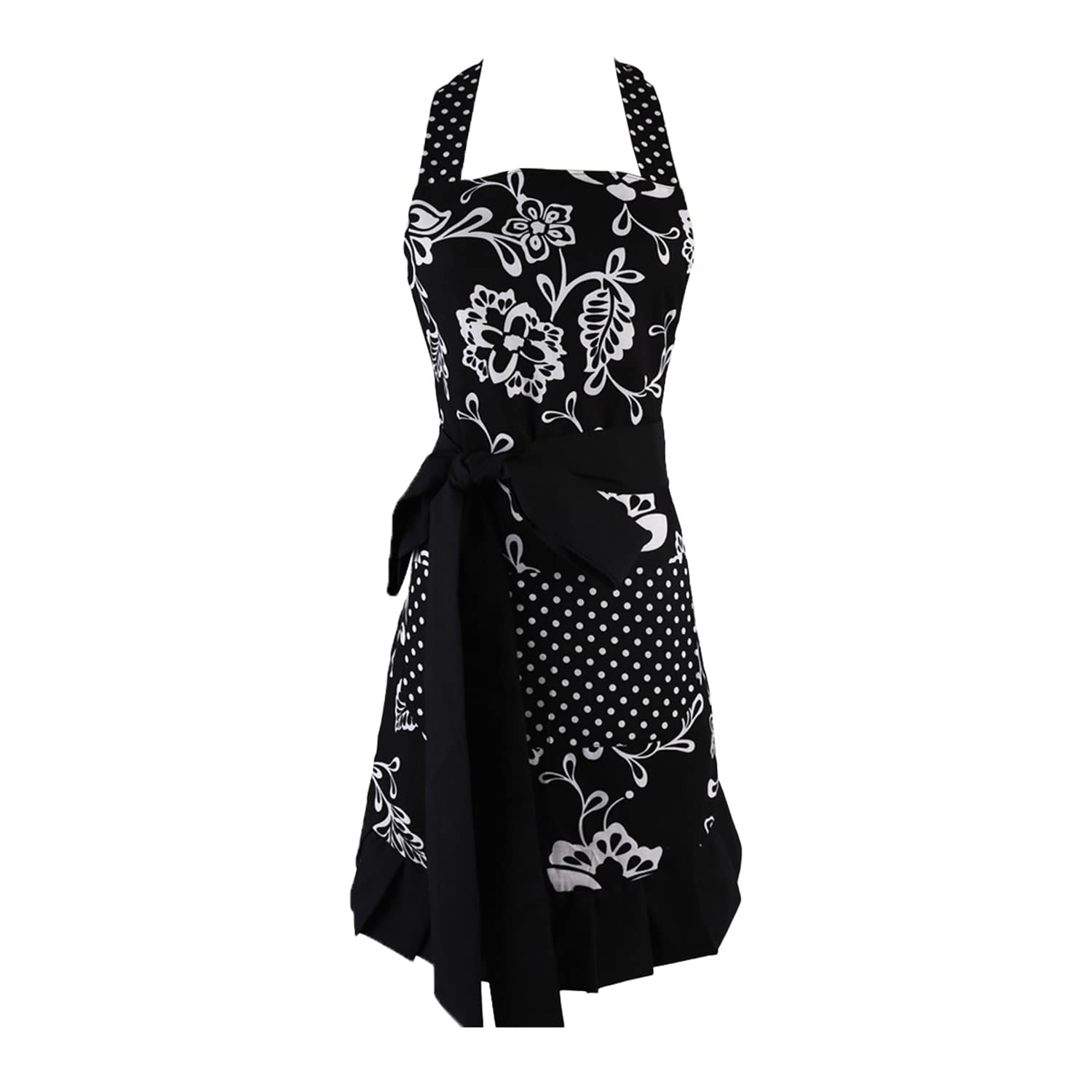 Surblue Women Vintage Ruffle Floral Apron with 2 Pocket, Adjustable Extra-Long Tie,100% Organic Cotton Printing, Black