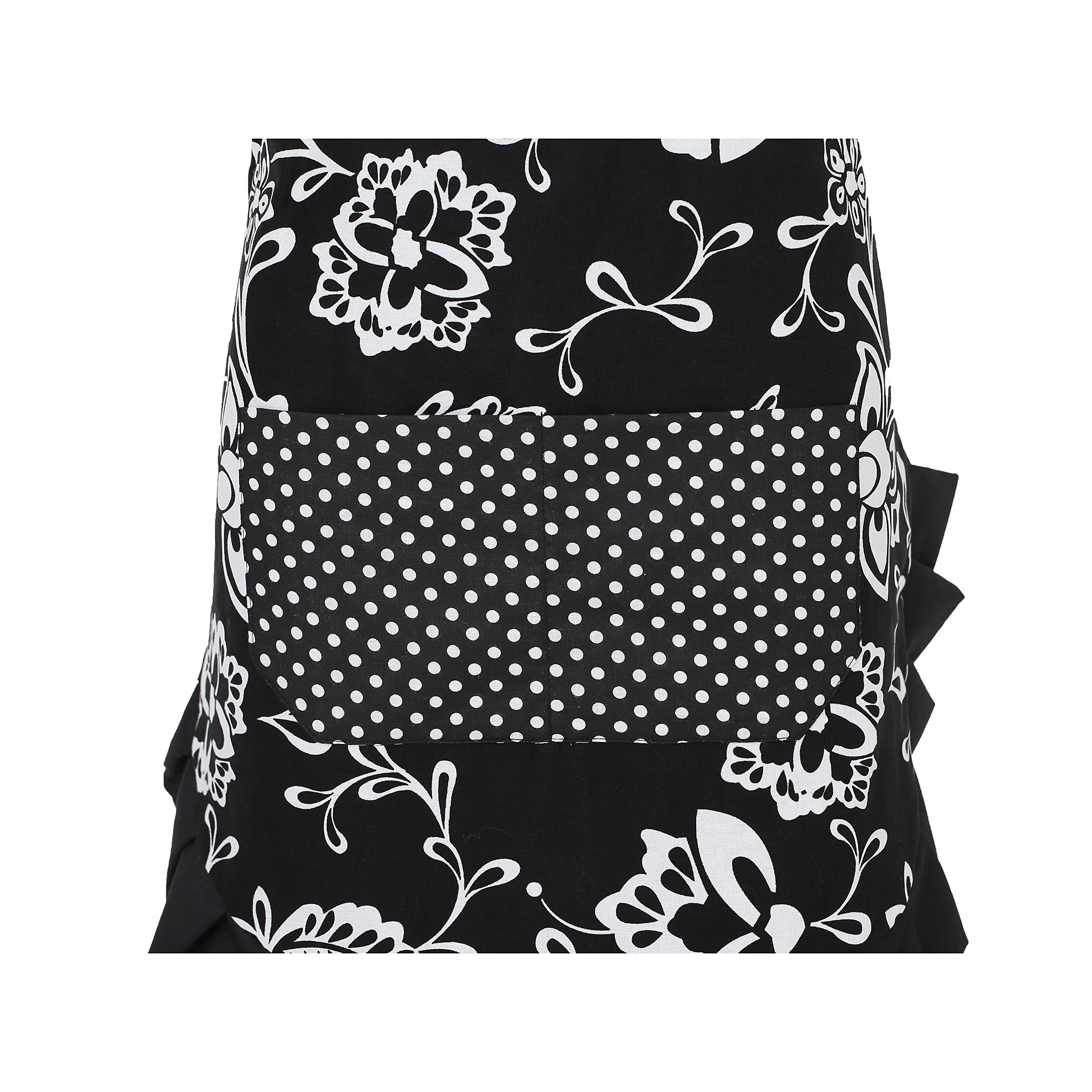 Surblue Women Vintage Ruffle Floral Apron with 2 Pocket, Adjustable Extra-Long Tie,100% Organic Cotton Printing, Black