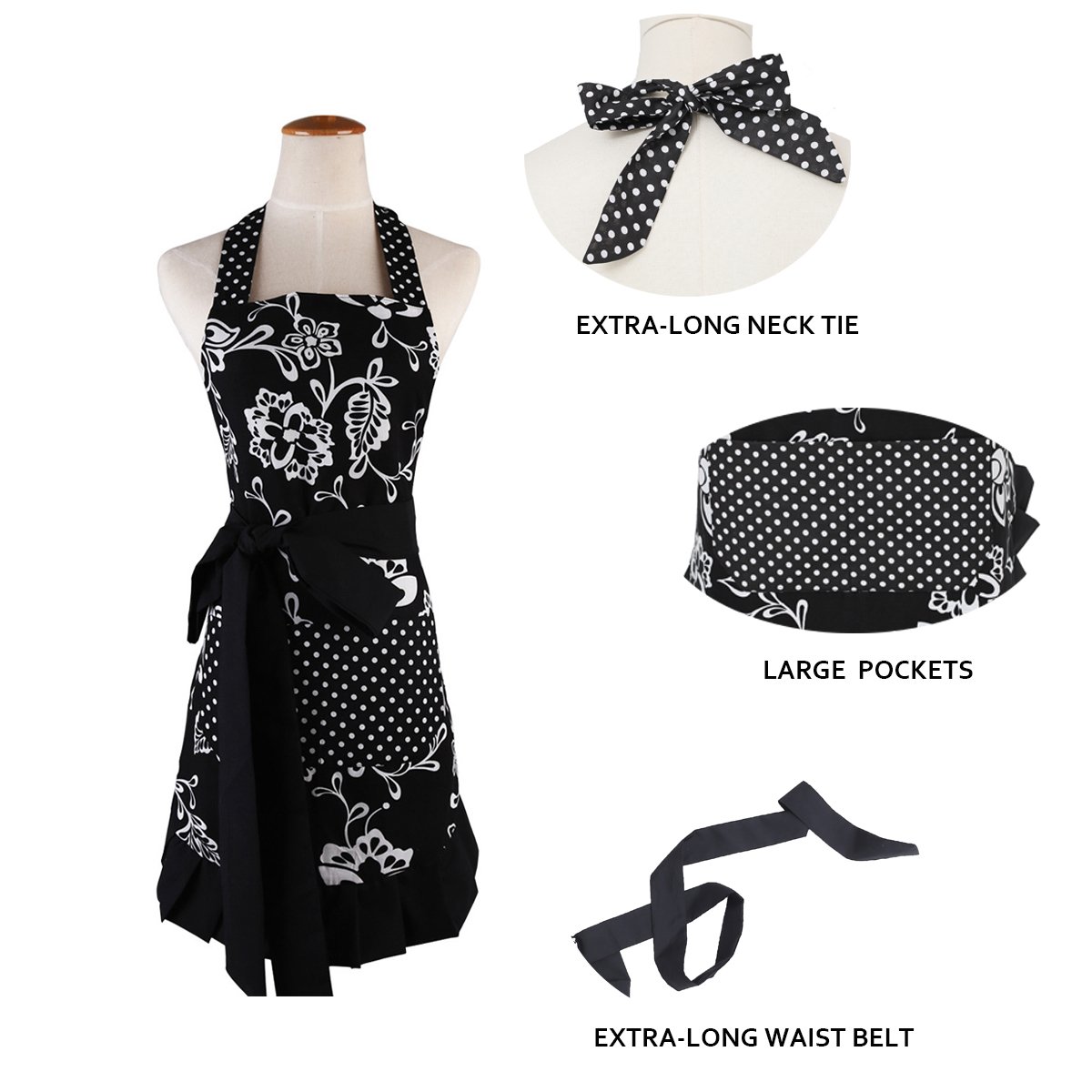 Surblue Women Vintage Ruffle Floral Apron with 2 Pocket, Adjustable Extra-Long Tie,100% Organic Cotton Printing, Black